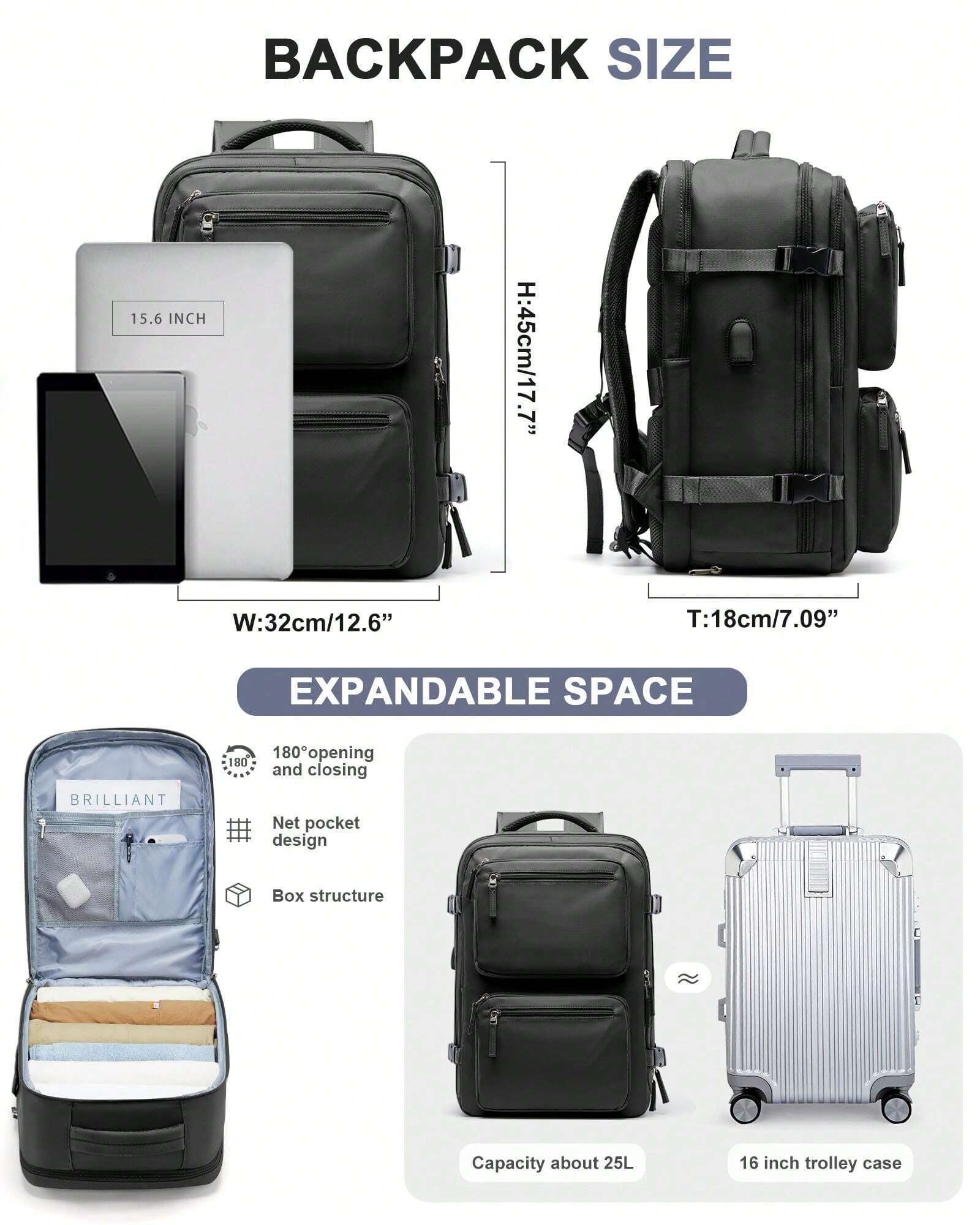 Mochila de Viagem Aprovada para Voos com Porta USB, Bolsa de Item ...