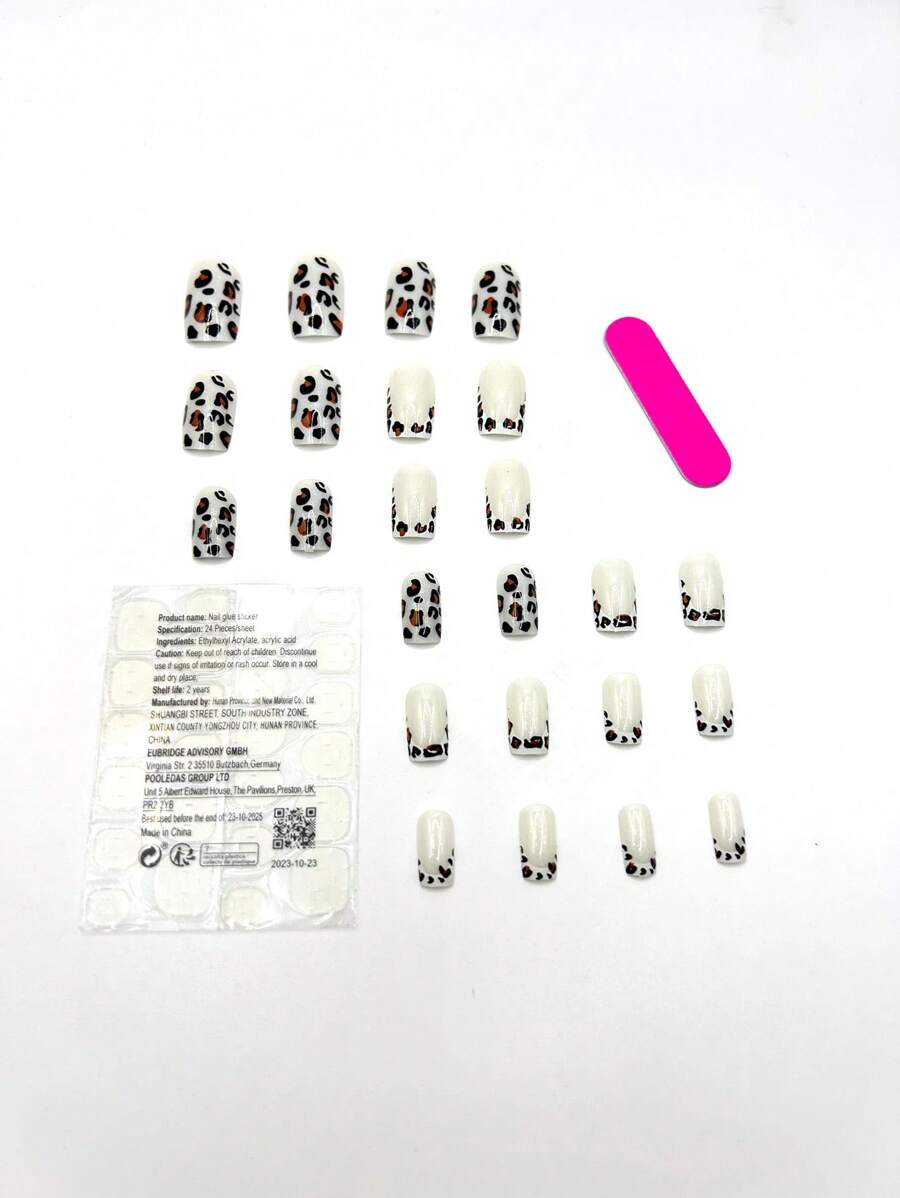 24 Medium Rectangular Pressed Nails, Cute, Leopard Print French ...