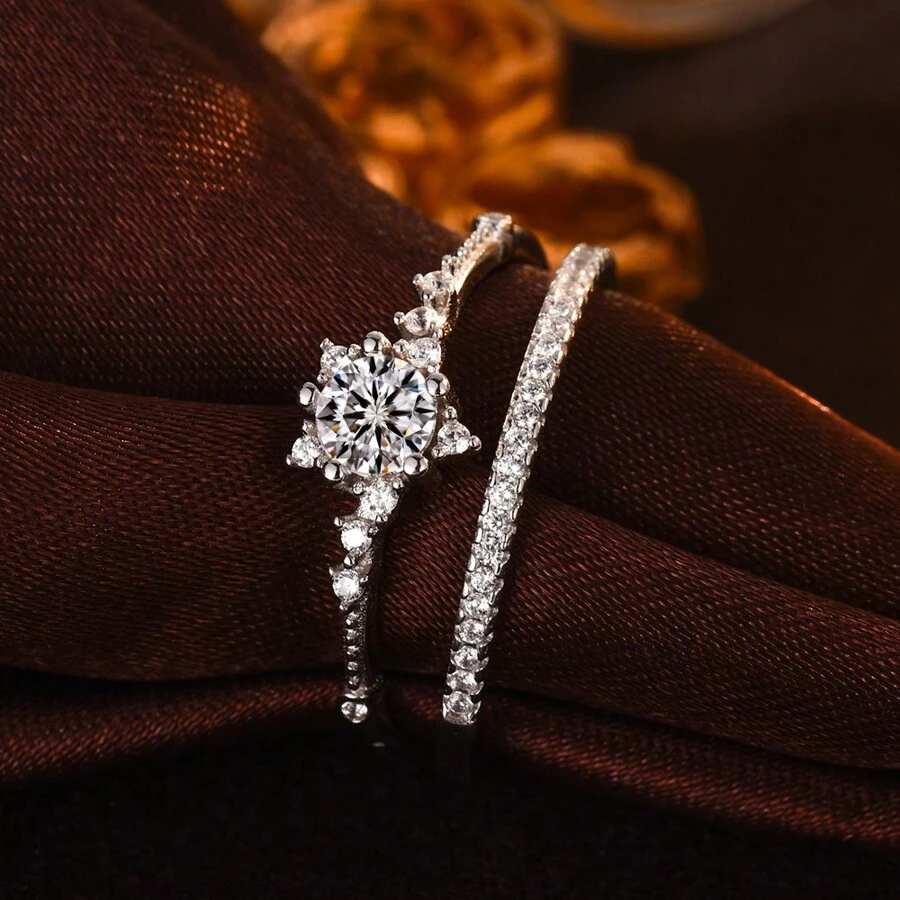 925 Sterling Silver Wedding Ring Set Embedded With Shiny Cubic Zirconia ...