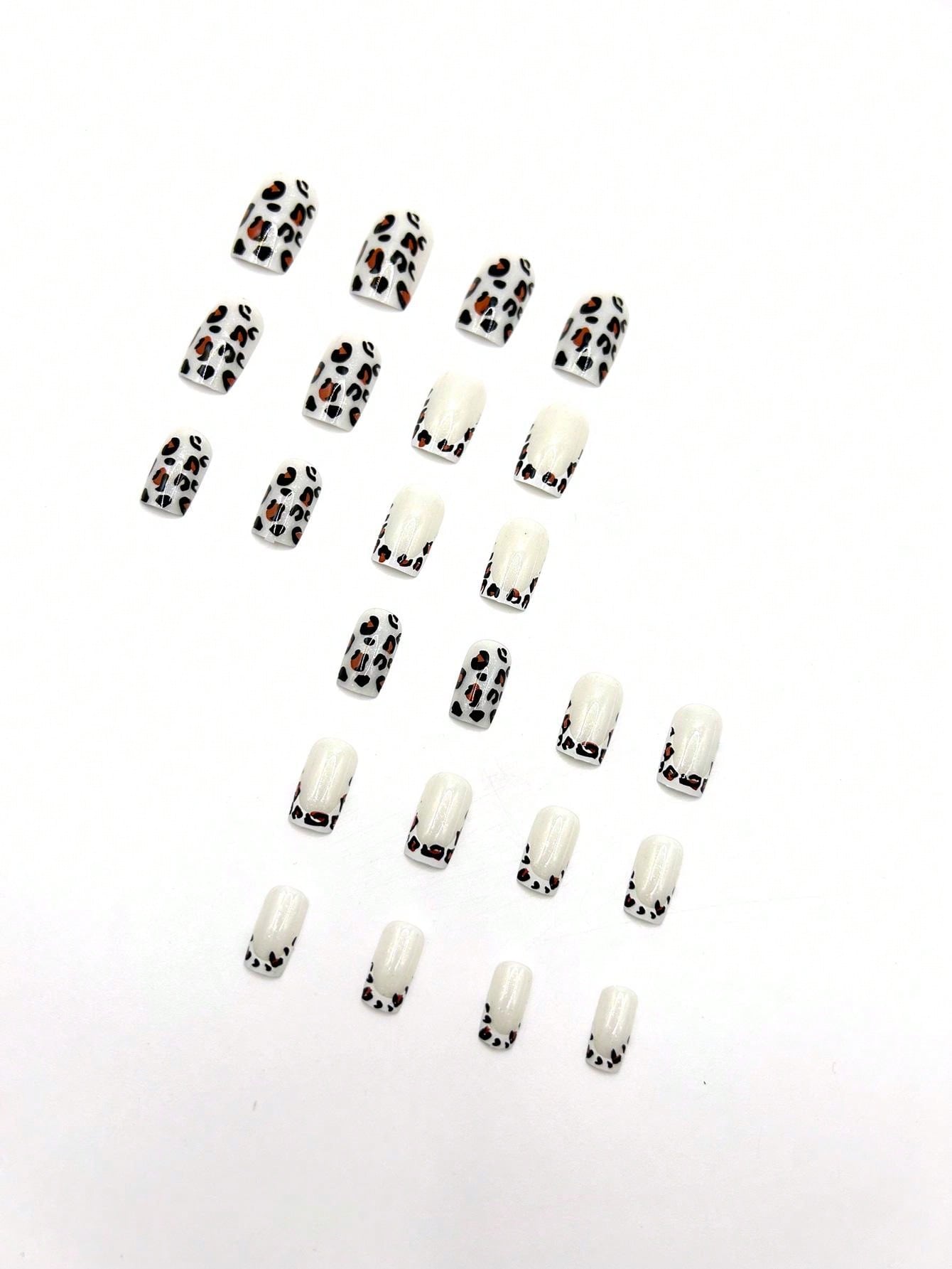24 Medium Rectangular Pressed Nails, Cute, Leopard Print French ...
