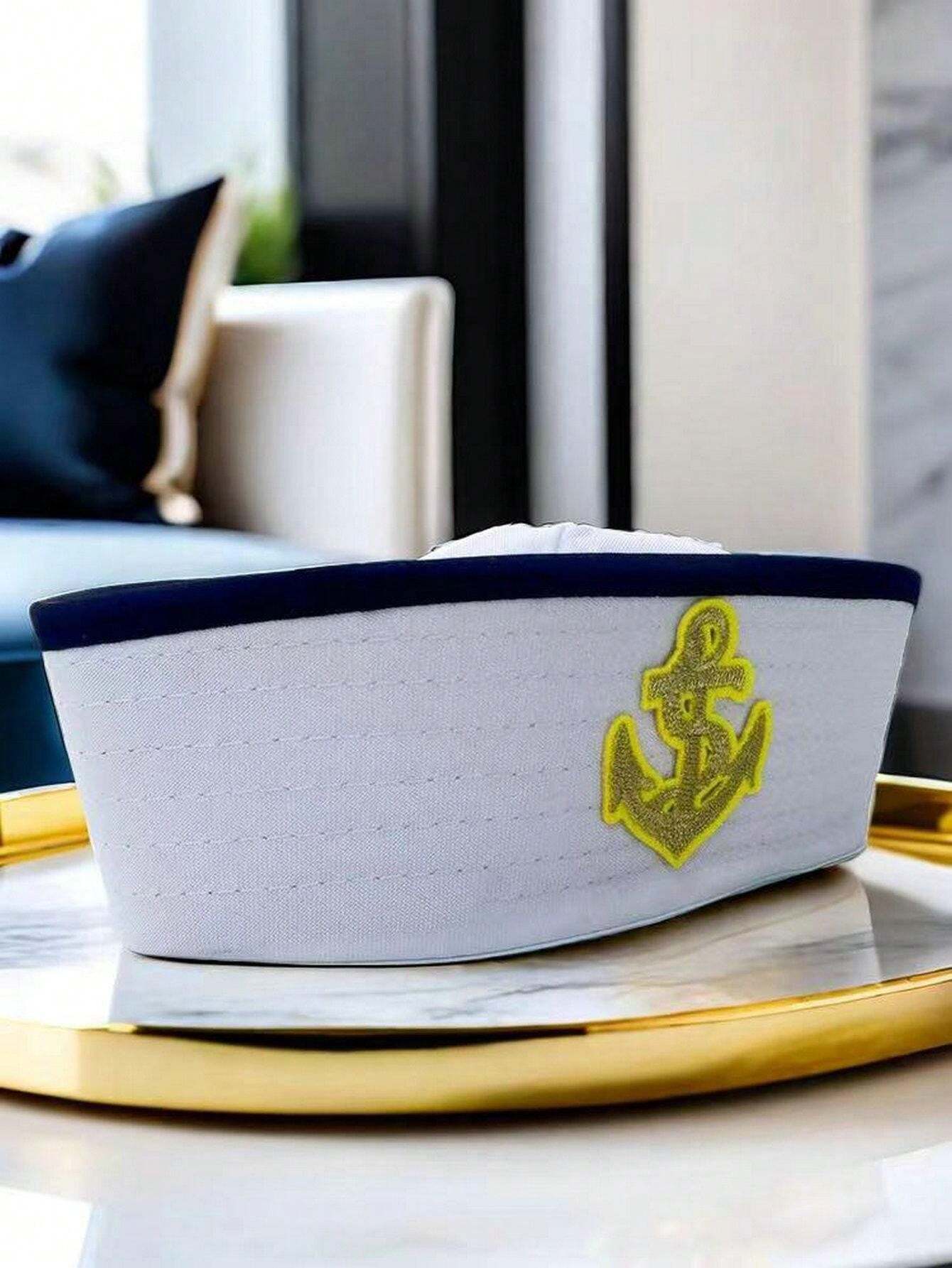 A Unisex White And Blue Striped Nautical Hat With Gold Badge And Pure ...