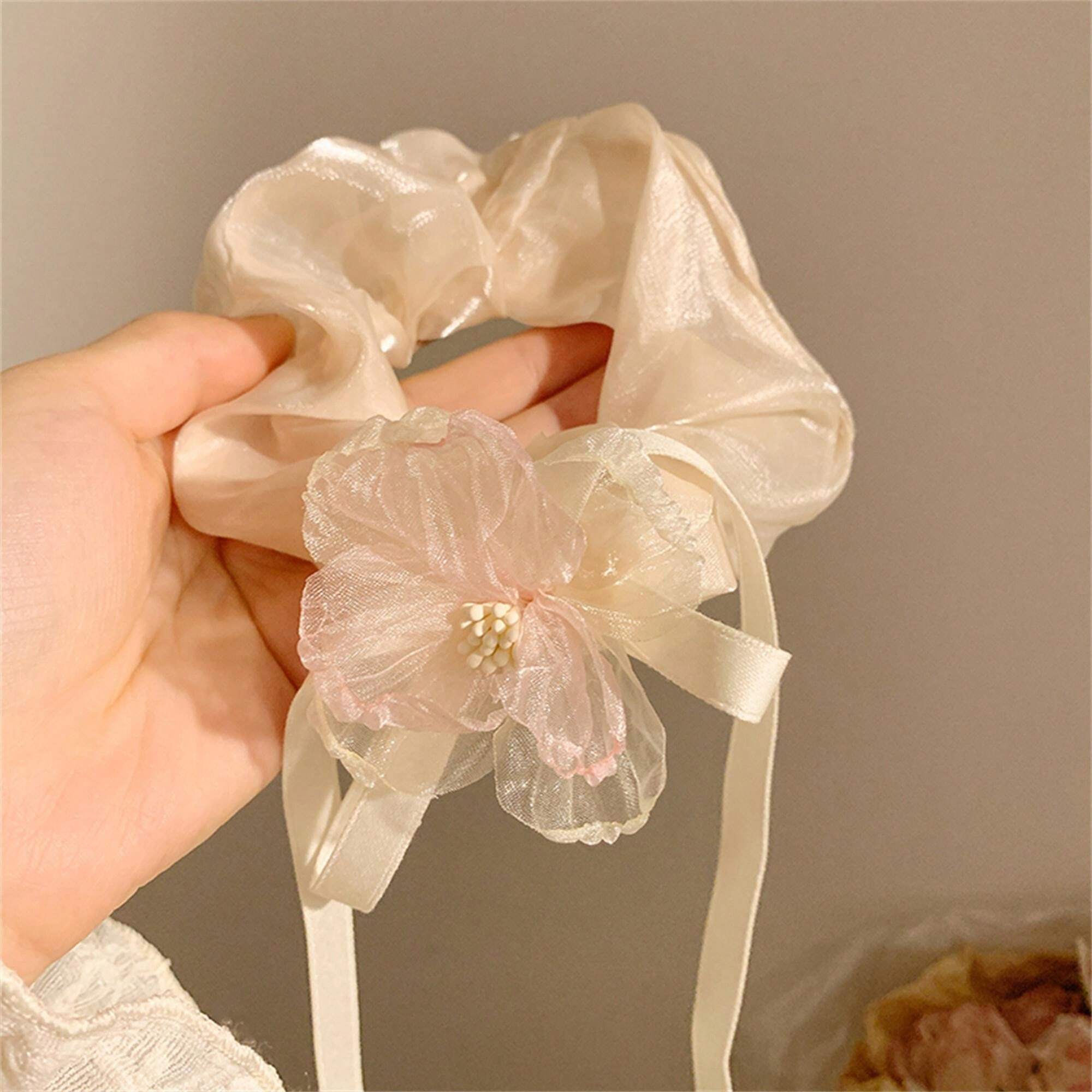 Ballet Style French Pink Camellia Ribbon Hair Scrunchie For Women. The ...