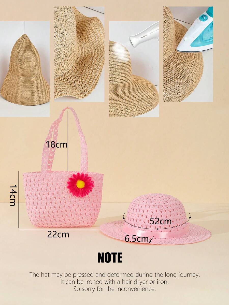Kids' Beige Beach Bag Set With Sun Hat, Cute Floral Accents, Hand Woven ...