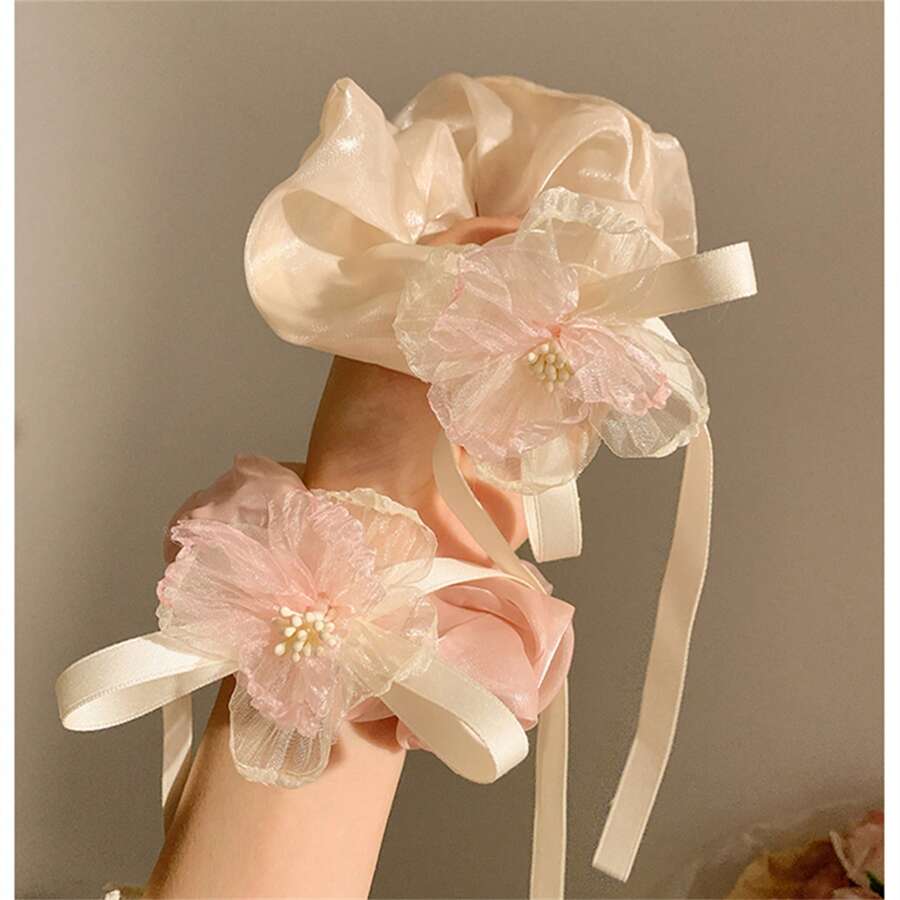 Ballet Style French Pink Camellia Ribbon Hair Scrunchie For Women. The ...