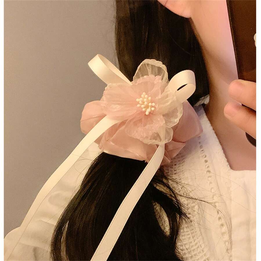 Ballet Style French Pink Camellia Ribbon Hair Scrunchie For Women. The ...
