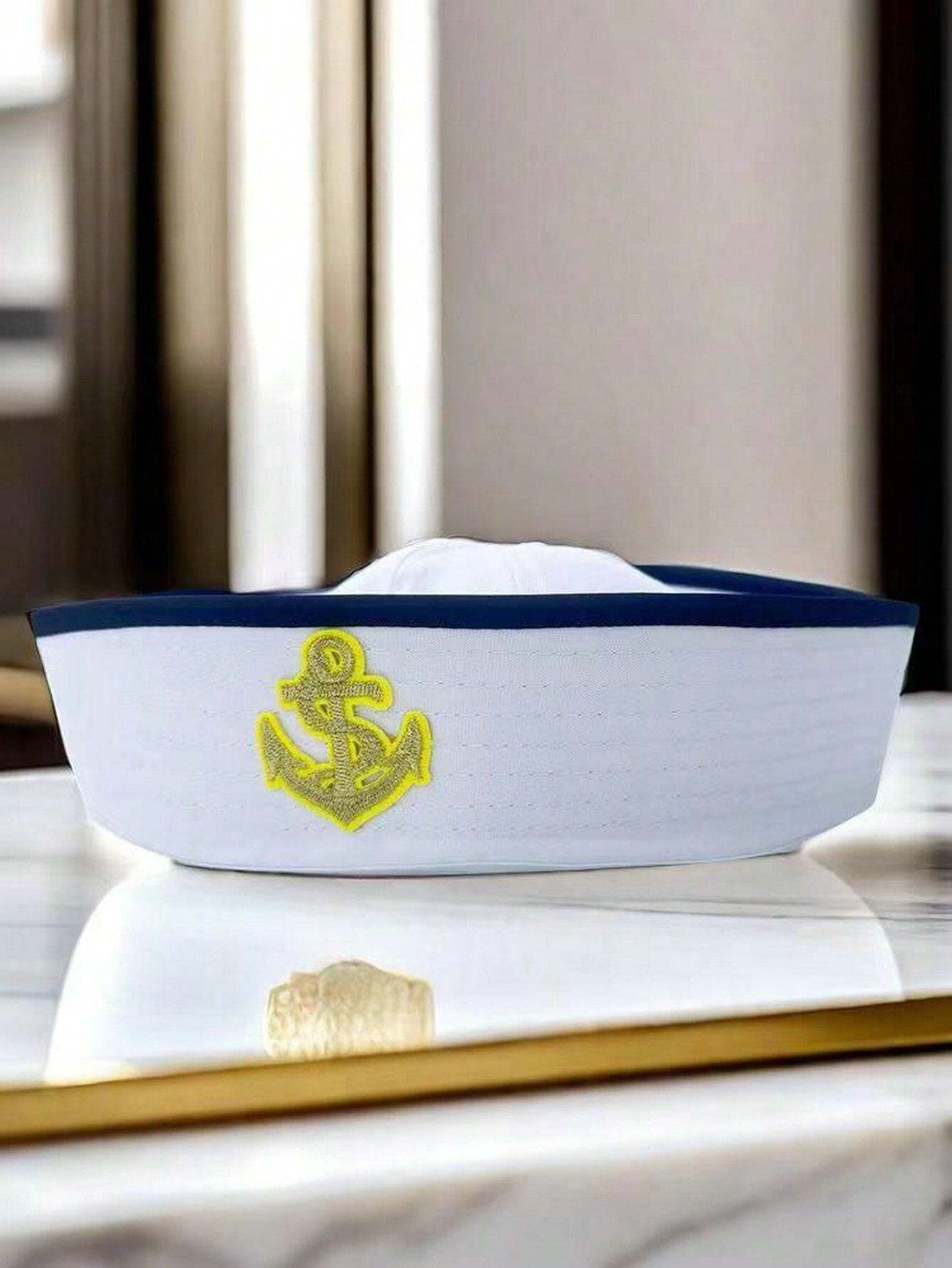 A Unisex White And Blue Striped Nautical Hat With Gold Badge And Pure ...