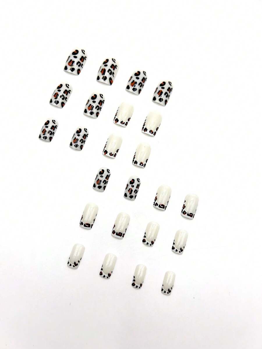24 Medium Rectangular Pressed Nails, Cute, Leopard Print French ...