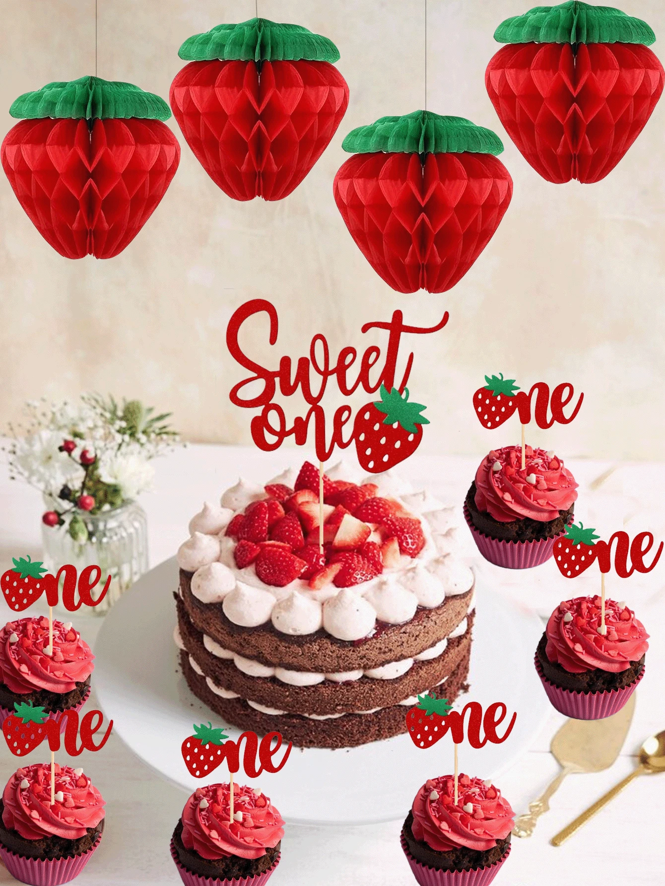 17pcs/Set Strawberry 1st Birthday Cake Topper Glitter Sweet One First ...