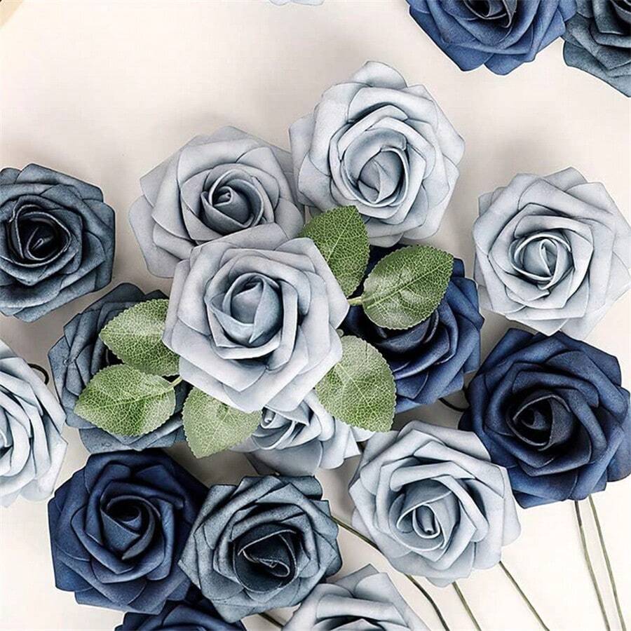 25pcs Blue Series Flowers With Stem, Dusty Blue Roses For DIY Wedding ...