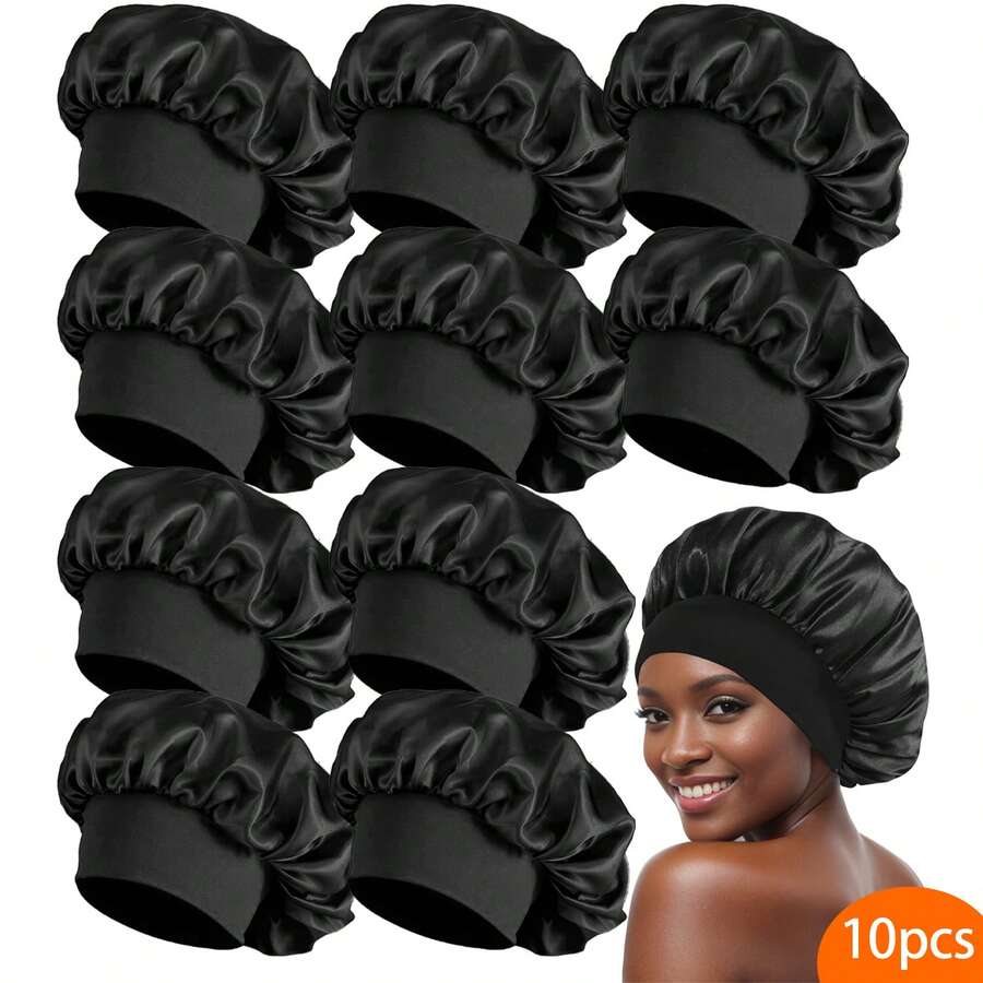 10-Pack Women Bonnet Solid Color Wide Edge Stretchy Satin Stylish Sleep ...
