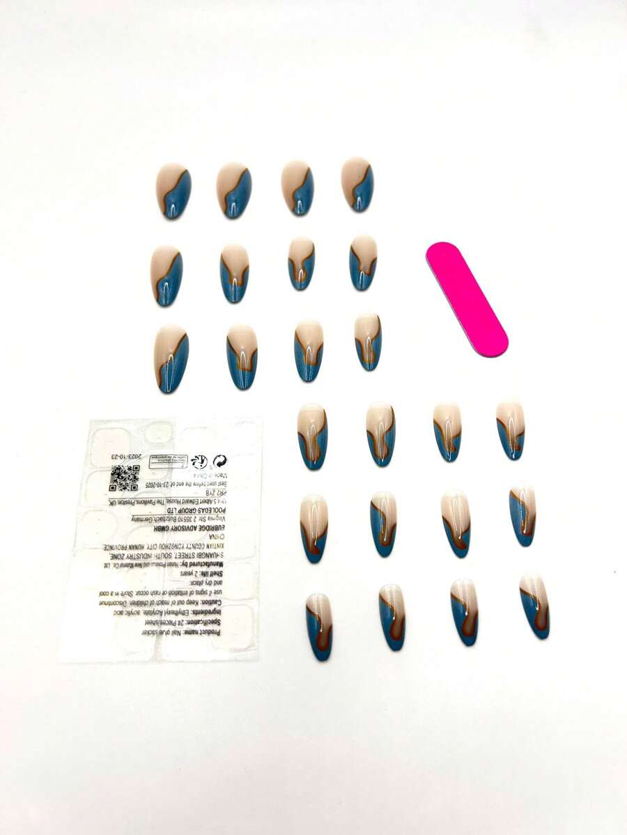 24 Piece/Set Acrylic Fake Nail Set, Medium Length, Blue Droplet Shape ...