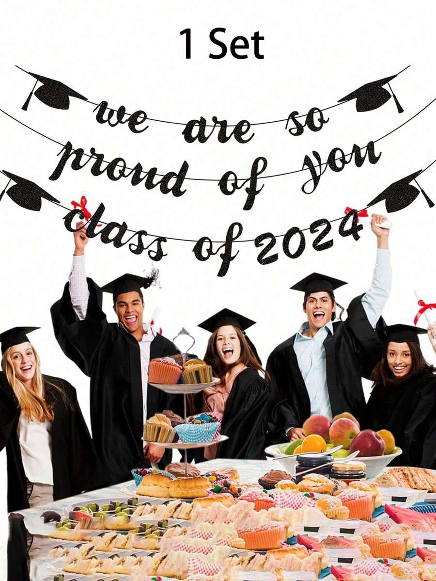 1Set, 2024 Graduation Banners Party Decorations, Black Glitter We Are So Proud Of You Graduation ...