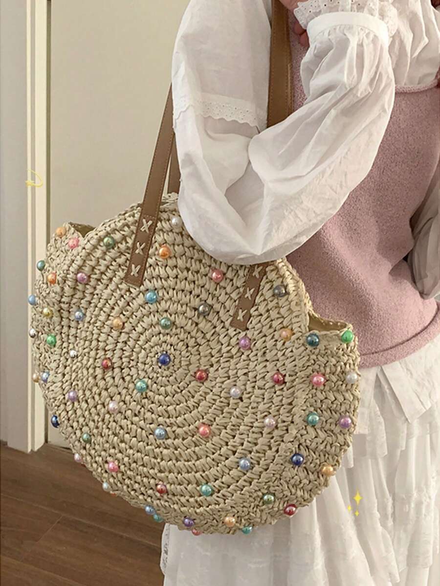 Colorful Pearl Straw Bag Hollow Woven Straw Bag Round Vacation Shoulder ...