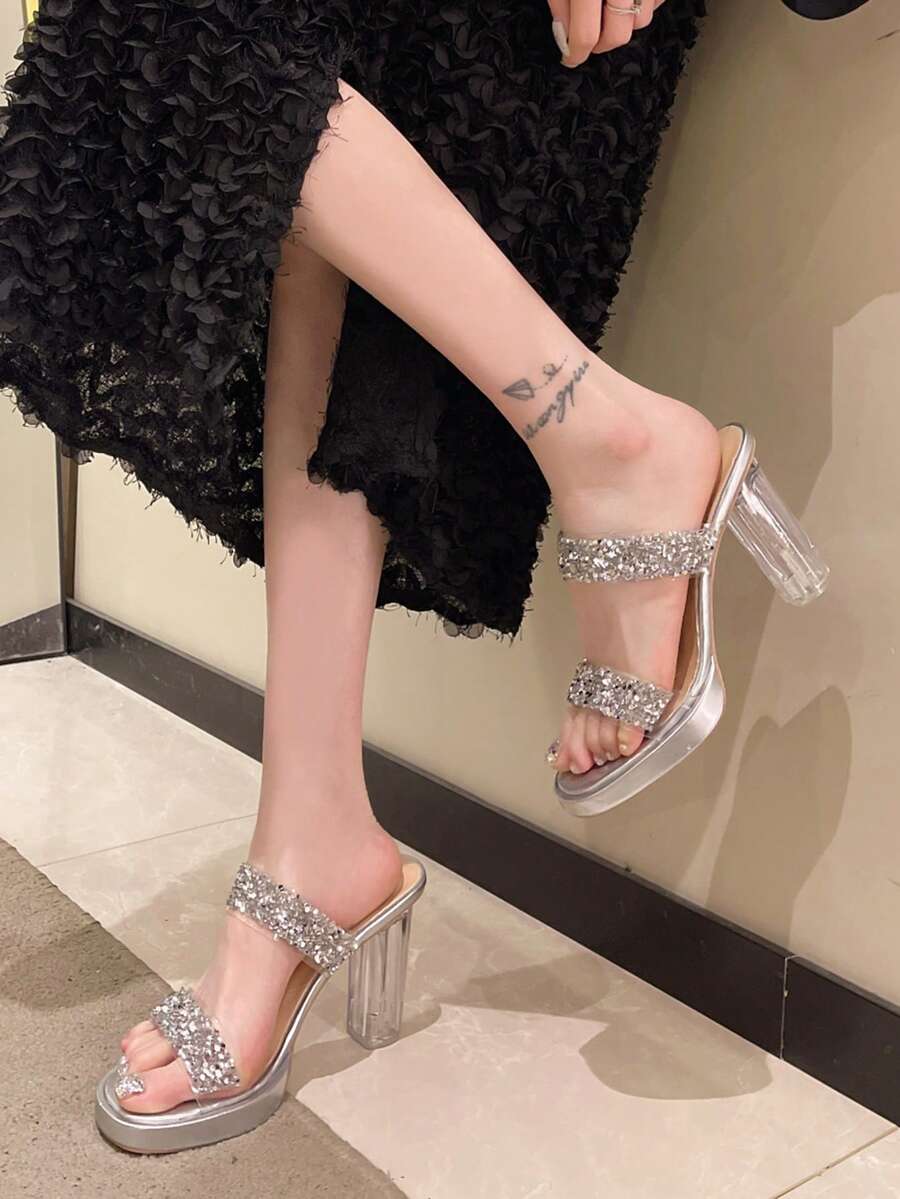 Silver Summer Slippers Women Wear Outside Thick Heels Waterproof ...