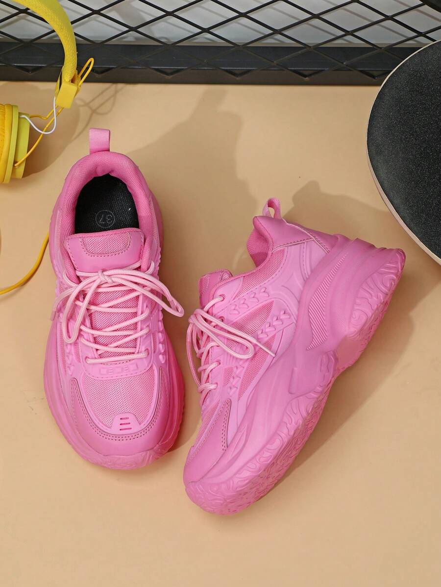 Women's Pink Sports Shoes, Retro Style Chunky Sneakers With Thick Soles ...