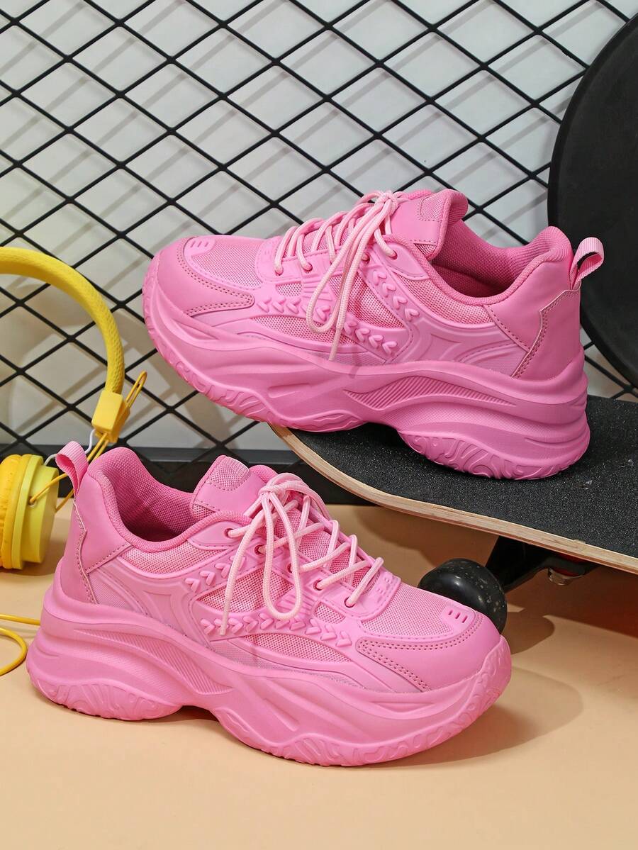 Women's Pink Sports Shoes, Retro Style Chunky Sneakers With Thick Soles ...