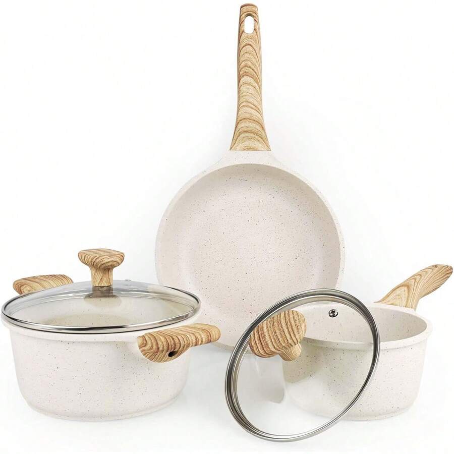 Beige Induction Kitchen Cookware Sets, Pots And Pans Set Nonstick ...
