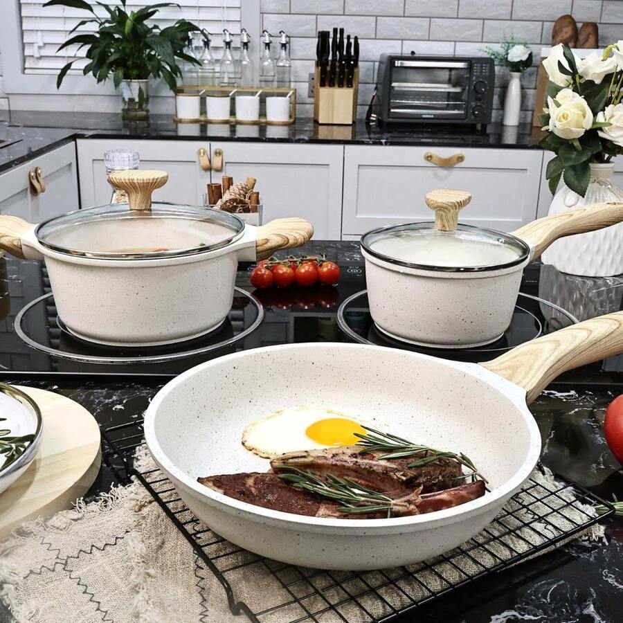 Beige Induction Kitchen Cookware Sets, Pots And Pans Set Nonstick ...