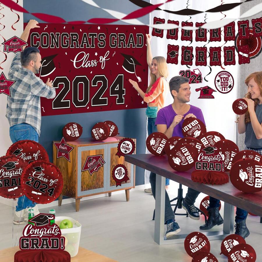 Maroon Themed 2024 Graduation Decorations Set - Congrats Grad Banner ...
