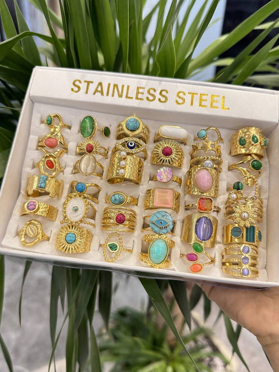 8 Pieces/Set Of Stainless Steel Gold Open Rings, Finger Size 8, Inlaid ...