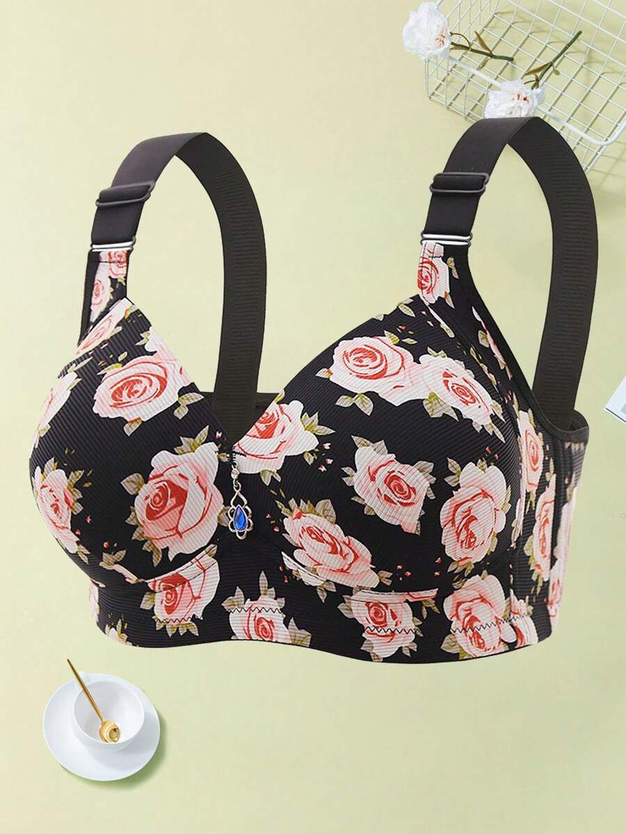 1pc Rose Printed Bra With Anti-Sagging, Push-Up & Wireless Features For ...