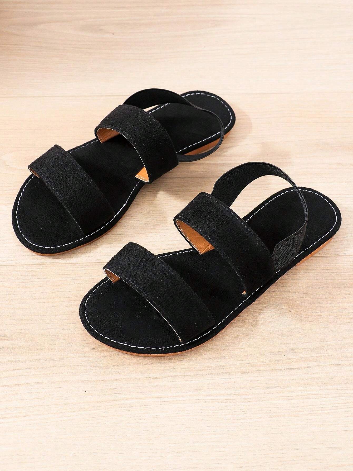 1 Pair Of Teenage Boys Girls Black Sandals With Elastic Suede Back ...