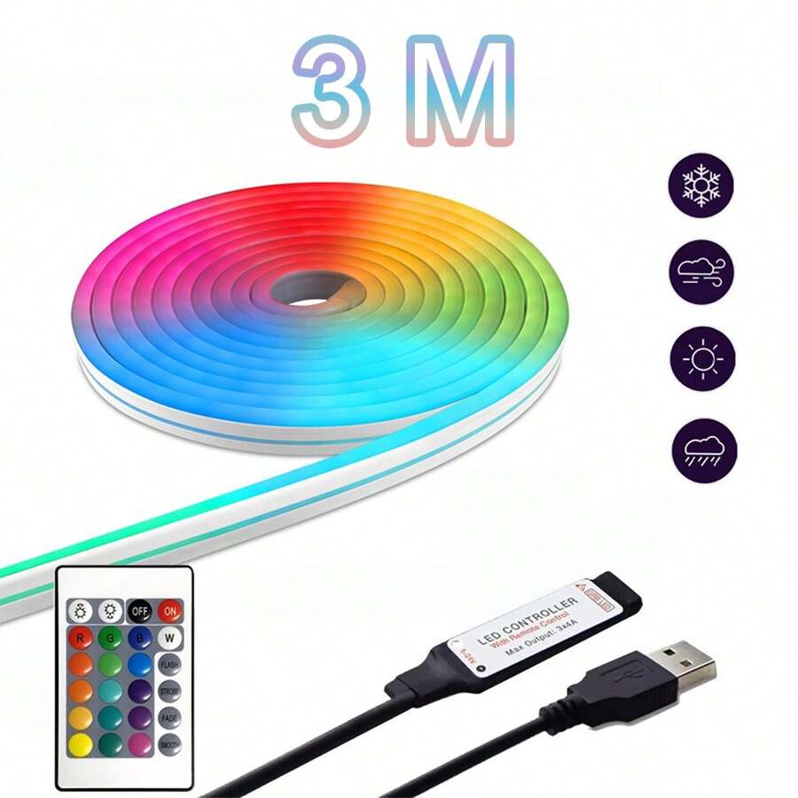 Bande lumineuse LED néon RVB de 3m avec télécommande infrarouge, ruban LED néon flexible étanche ...