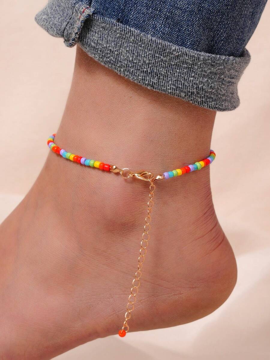 1pc Simple Creative Rainbow Color Beaded Anklet For Women | SHEIN USA