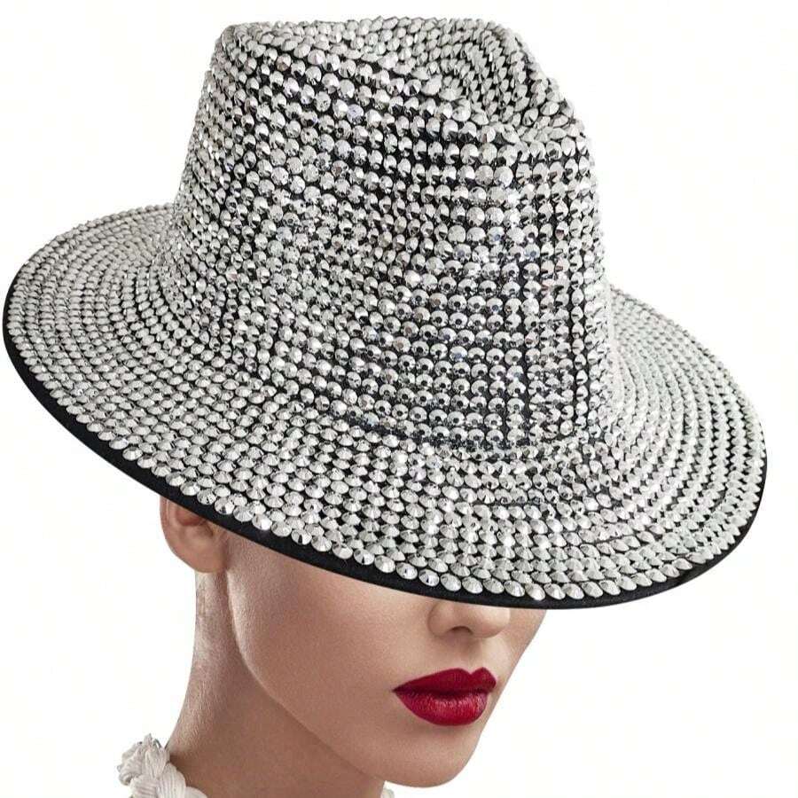 Rhinestone Jazz Soft Wool Wide-Brim Cowboy Hat Women Men Stage ...
