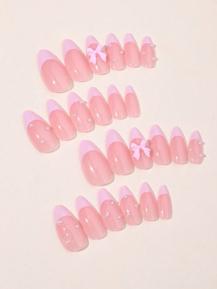24pcs Gradient Pink Design Almond DIY Press-On Nails With 3D Pink ...