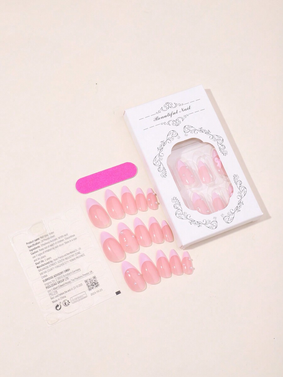 24pcs Gradient Pink Design Almond DIY Press-On Nails With 3D Pink ...