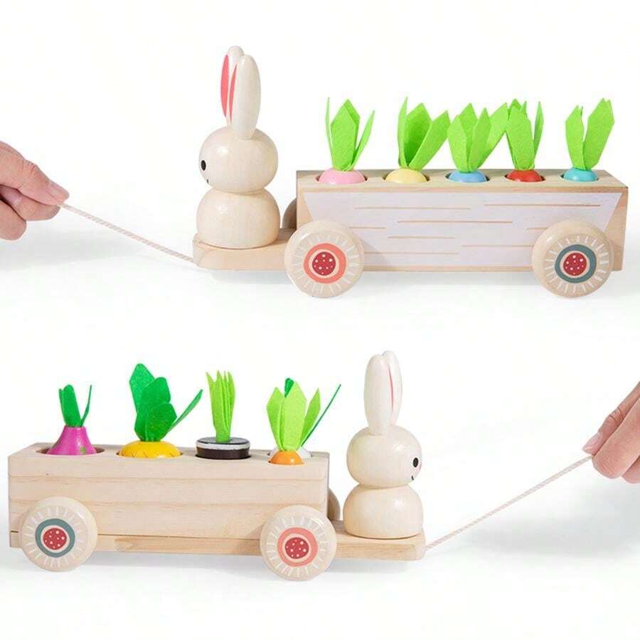 Wooden Rabbit Pull Carrot-Shaped Cylinder Insert Trailer, Montessori ...