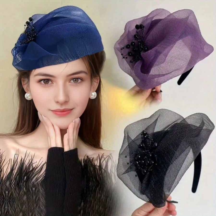 New Luxurious French Style Mesh Headband, Women Thin Breathable Half Hat Hair Hoop, Vintage ...