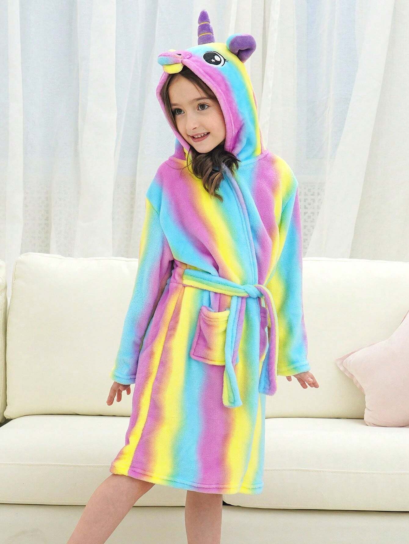 Tween Girl Colored Striped Unicorn Bathrobe | SHEIN UK