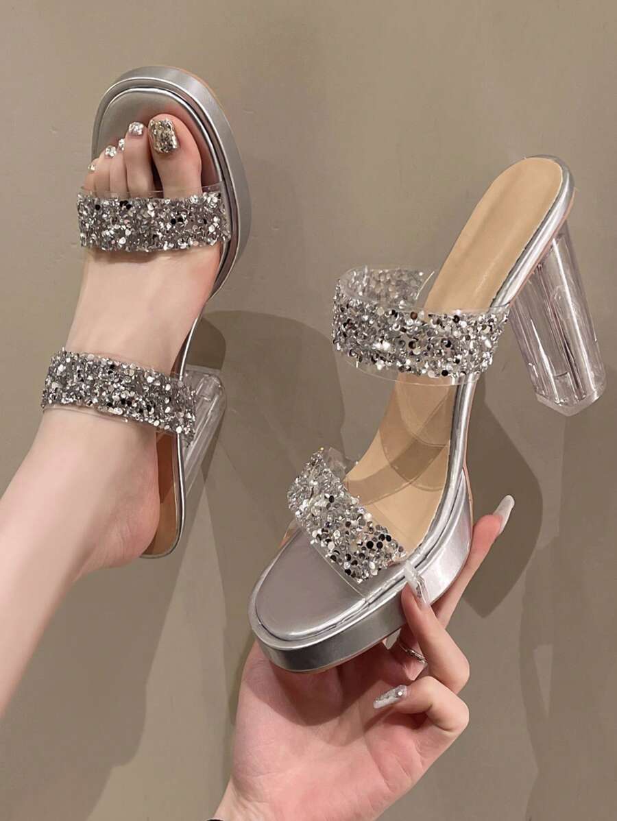 Silver Summer Slippers Women Wear Outside Thick Heels Waterproof ...