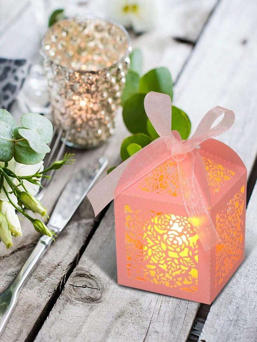 2pcs/Pack Hollow Out Rose Shaped Candy Boxes With Silk Ribbons For ...