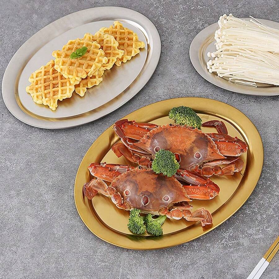 1pc Oval Serving Platter, Gold Grilled Meat Plate, Thickened Creative ...