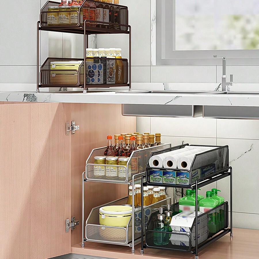 1 Set 2 Layers Kitchen Pull-Out Storage Rack For Kitchen Sink Cabinet ...