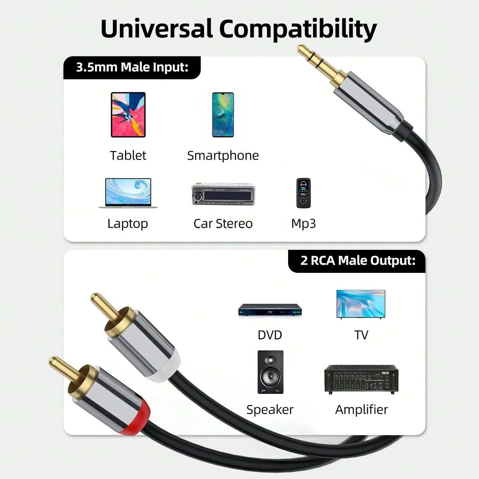 Câble audio RCA NNBILI 3,5 mm mâle vers câble de haut-parleur 2 RCA mâle avec séparateur AUX 2 ...