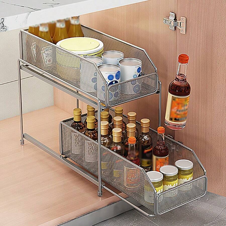 1 Set 2 Layers Kitchen Pull-Out Storage Rack For Kitchen Sink Cabinet ...