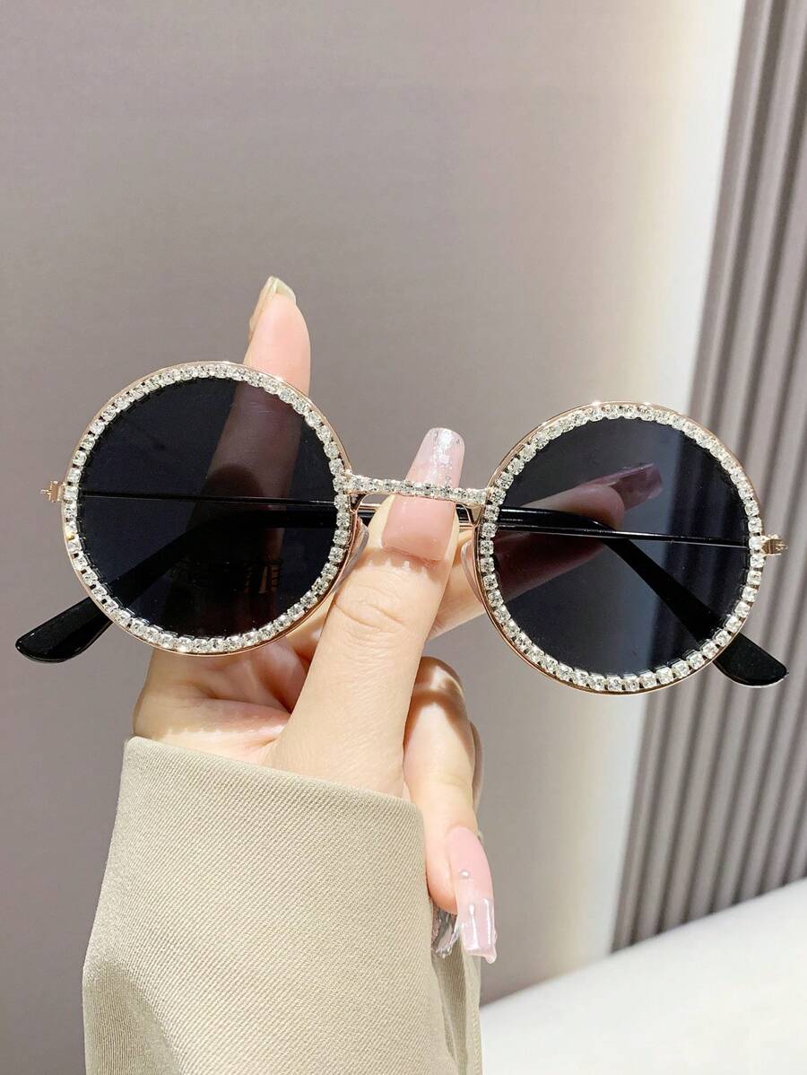 Round Frame Water Rhinestone Studded Sunglasses Unisex Metal Fashion ...