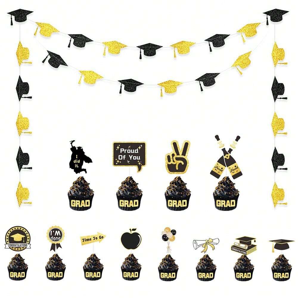 Graduation Flower Decoration Set (12pcs Graduation Cake Toppers, 2m ...