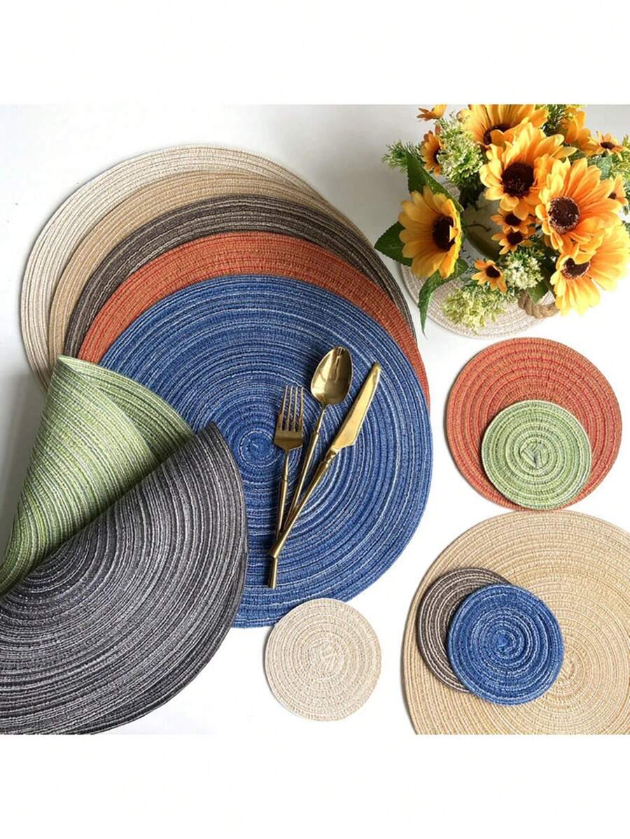 4-Piece Set Round Table Mats Woven Ramie Placemats Anti-Slip Dining ...