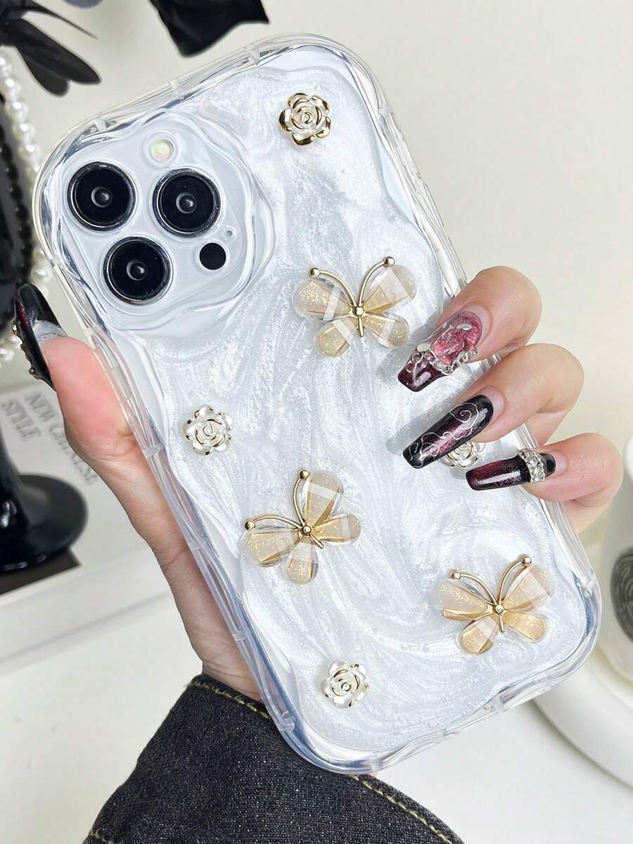 Butterfly And Flower Pattern Drop-Resistant Phone Case With Milk White ...