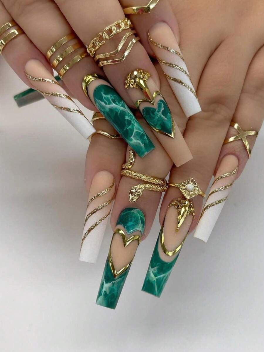 Emerald Green Press On Nails Long Square Press On Nails Glossy False ...