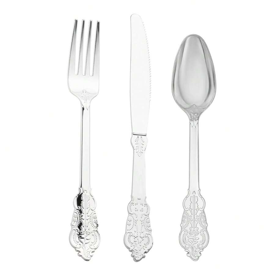 Shiny Metallic Silver Baroque Cutlery Set - 24 Spoons, 24 Forks And 24 ...