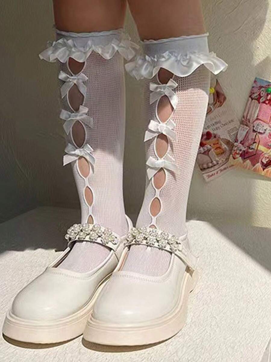 Thin Children Socks Girls Over Knee Princess Socks With Satin Ribbon ...