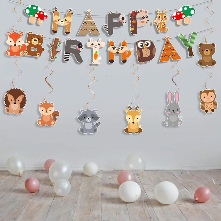 Woodland Animal Happy Birthday Banner, Woodland Animals Hanging Swirls ...