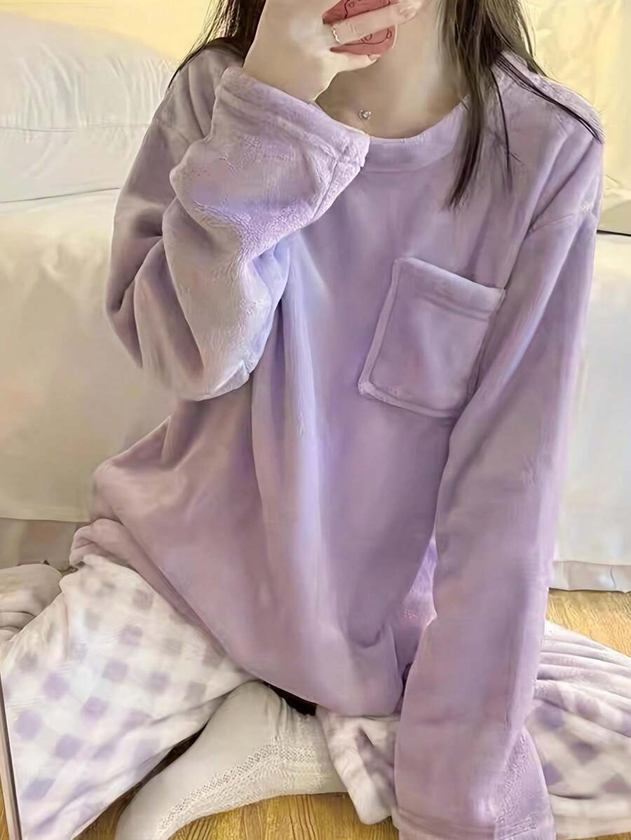 Light Blue Round Neck Pajamas Set, Plaid Pajamas Set, Solid Color Home ...