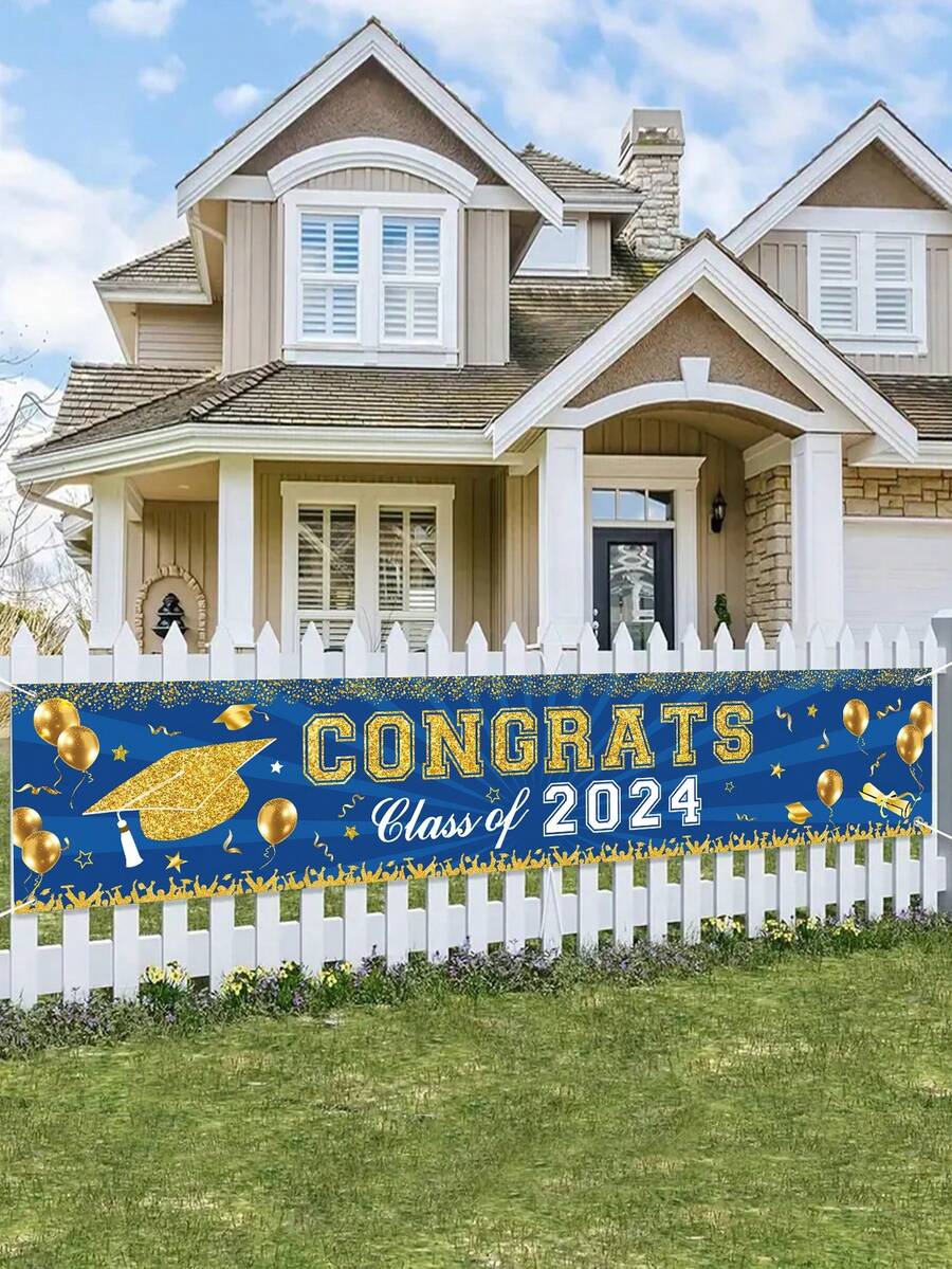 1pc Blue Gold Vinyl Congrats Class Of 2024 Banner,Graduation Party ...